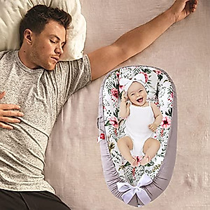 Vohunt Baby Lounger,100% Cotton Baby Nest Co-Sleeper for Baby in Bed with Handles,Infant Newborn Lounger Adjustable Size & Strong Zipper Lengthen Space to 3 Tears Old(Grey-Edged Flower Bouquet)