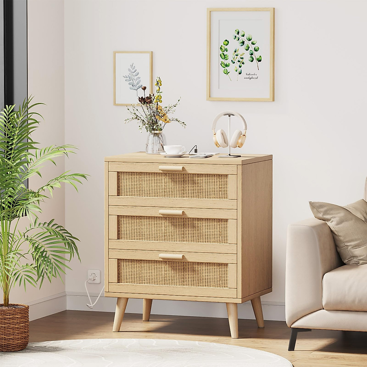 Rovaurx Rattan Nightstand with Charging Station, Night Stand with 3 Drawers, 23.6" W Bedside End Table for Bedroom, Side Table with Solid Wood Legs, Boho Style, Natural RCTG110ME