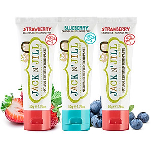 Jack N' Jill Natural Toddler Toothpaste for Baby, Kids and Infants 6 Months & Up, Fluoride Free Training Toothpaste for Toddlers 1-3, 40% Xylitol, BPA Free - Strawberry & Blueberry, 1.76 oz (3 Pack)