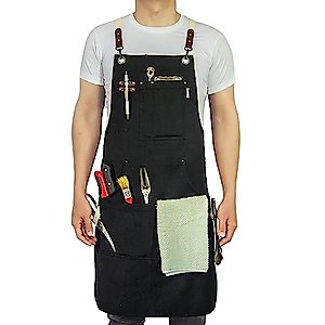 Stenffy Handmade Work Aprons,Cotton Canvas Aprons,Multiple Pockets,Adjustable Cross Back Weight Apron,BBQ,Cafe,Chef,Carpenter Apron,Aprons for Men&Women,Sizes M to XXL,Black Apron