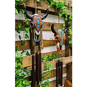 Ebros Gift Pack of 2 Rustic Western Faux Tooled Leather Ornate Bison Cow Skull with Turquoise and Ember Gems Decorative Wind Chimes Garden Patio Mobile Figurines Country Tribal Southwestern Accent