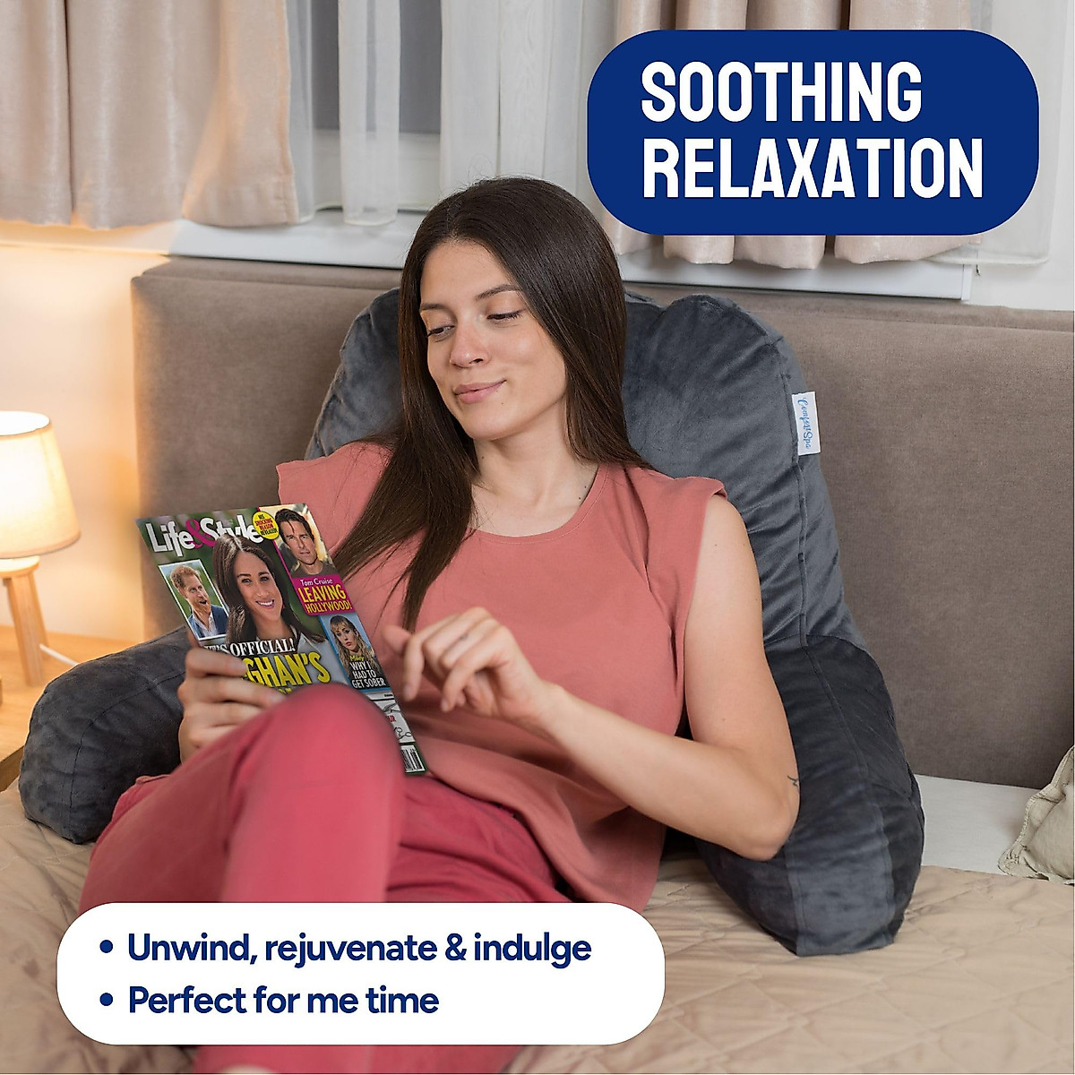 ComfortSpa Reading Pillow Bed Wedge Large Adult Backrest Lounge Cushion with Arms and Pockets | Back Support for Sitting Up in Bed / Couch for GERD Heartburn Bedrest (Grey)