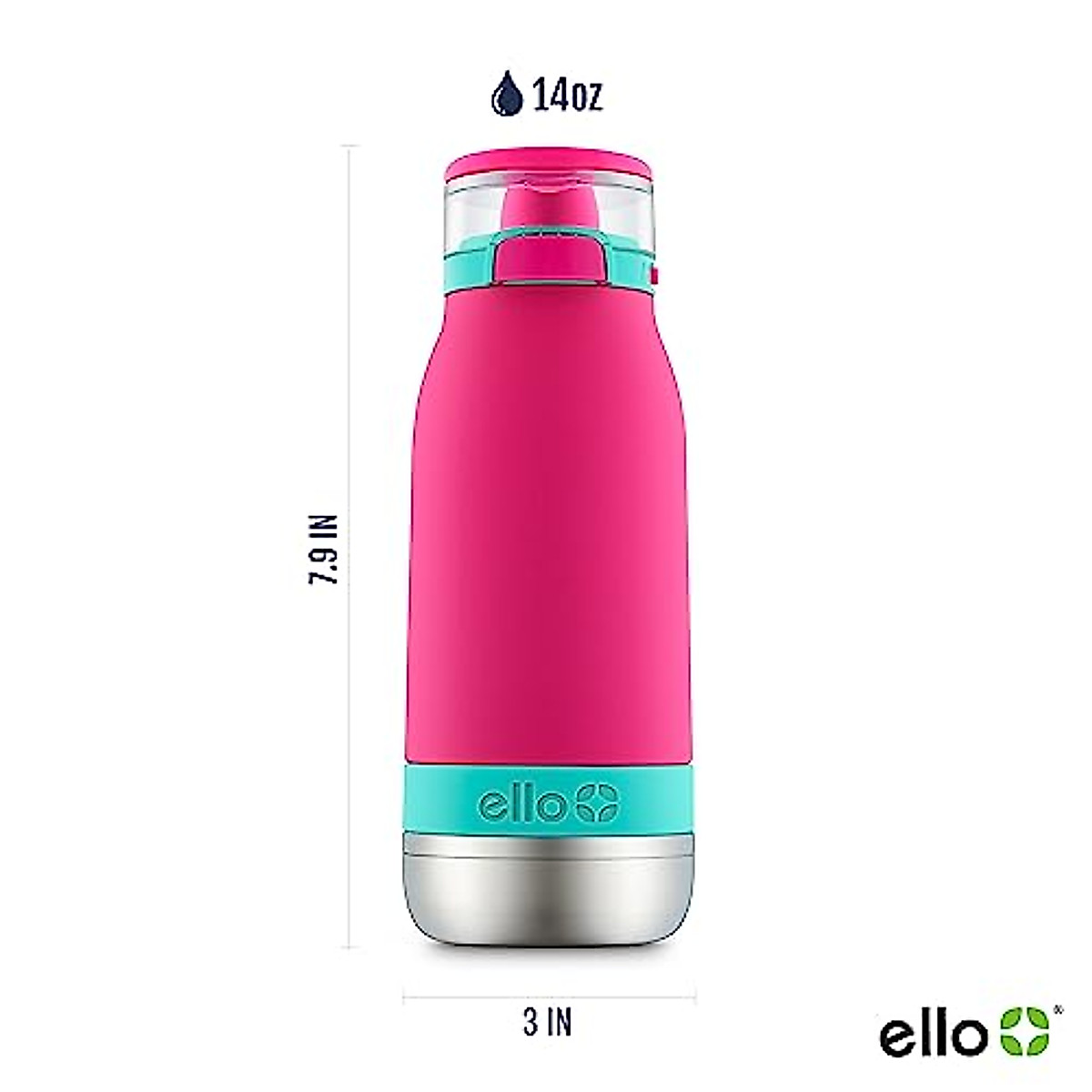 Ello Emma Vacuum Insulated Stainless Steel Water Bottle with Locking Leak Proof Lid and Soft Straw, BPA Free, Tropical Pink, 14oz