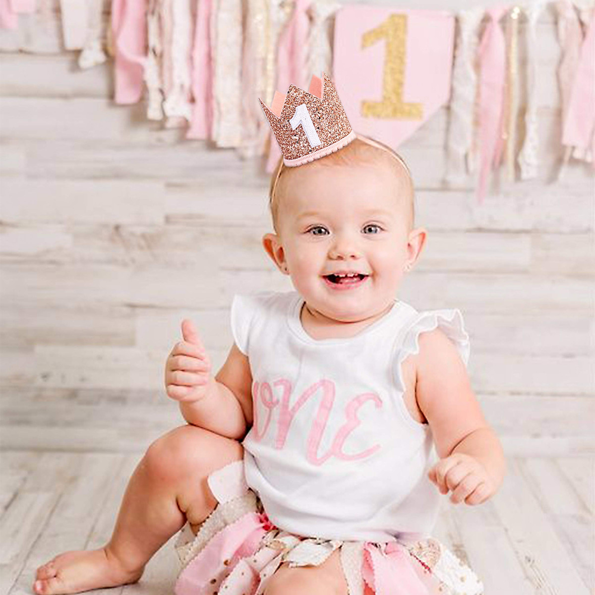 Glitter Birthday Crown - Photo Booth Props, Party Hat for Baby's 1st Birthday (Pink and Gold)
