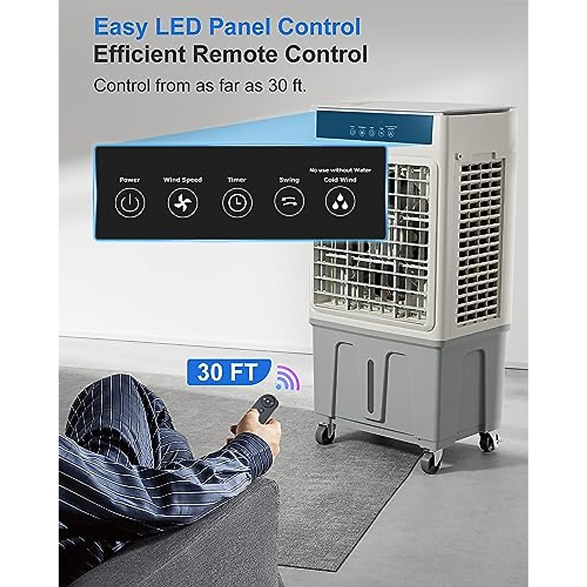 35’’ Portable Air Conditioner 3-IN-1 Evaporative Cooler, 30Ft Remote, 3 Speeds, 2800 CFM, 100 Degree Swing, 1050 sq. ft. coverage, 24H Timer, 6.8 Gallon Tank, 4 Ice Packs for Garage Patio Outdoor