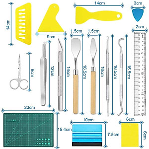 MMOBIEL 19 Pcs Vinyl A5 Cutting Mat Stainless Steel Craft Tool Set Including Scrapers, Professional Scalpel Knife, Spatula Spudgers, Ruler Tweezer and Scissors