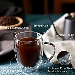 JNSMFC Double Walled Glass Coffee Mugs with Handle,4-Pack 8oz Insulated Glass Coffee Mugs Set,Clear Glass Coffee Cups for Espresso, Latte, Cappuccino,Wine,Tea Bag, Hot Beverage(Extra Spoons)