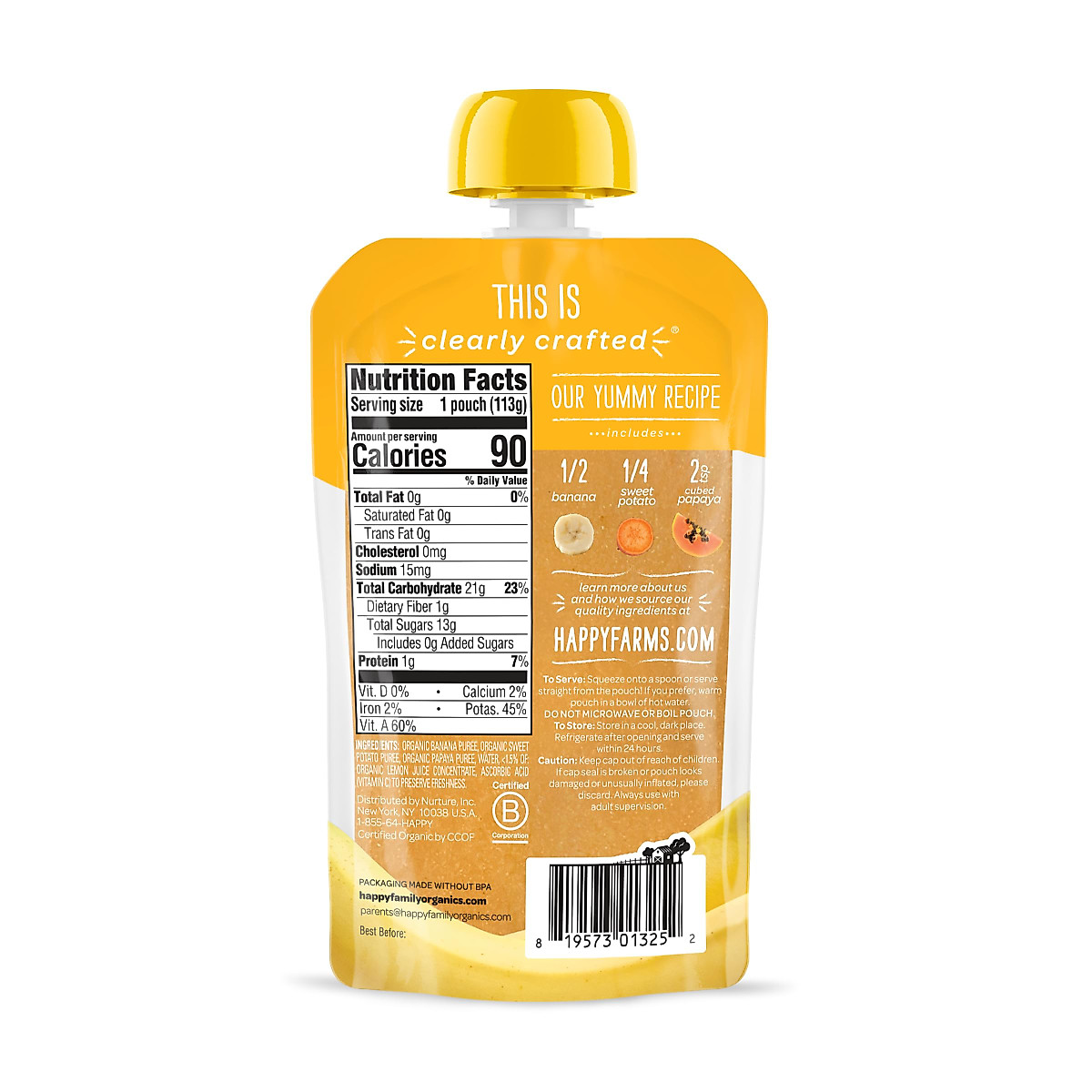 Happy Family Happy Baby Organic Clearly Crafted Stage 2 Baby Food Bananas, Sweet Potatoes & Papayas, 4 Pouch (Pack of 16), Banana Sweet Potato Yellow Papaya, 64 Oz