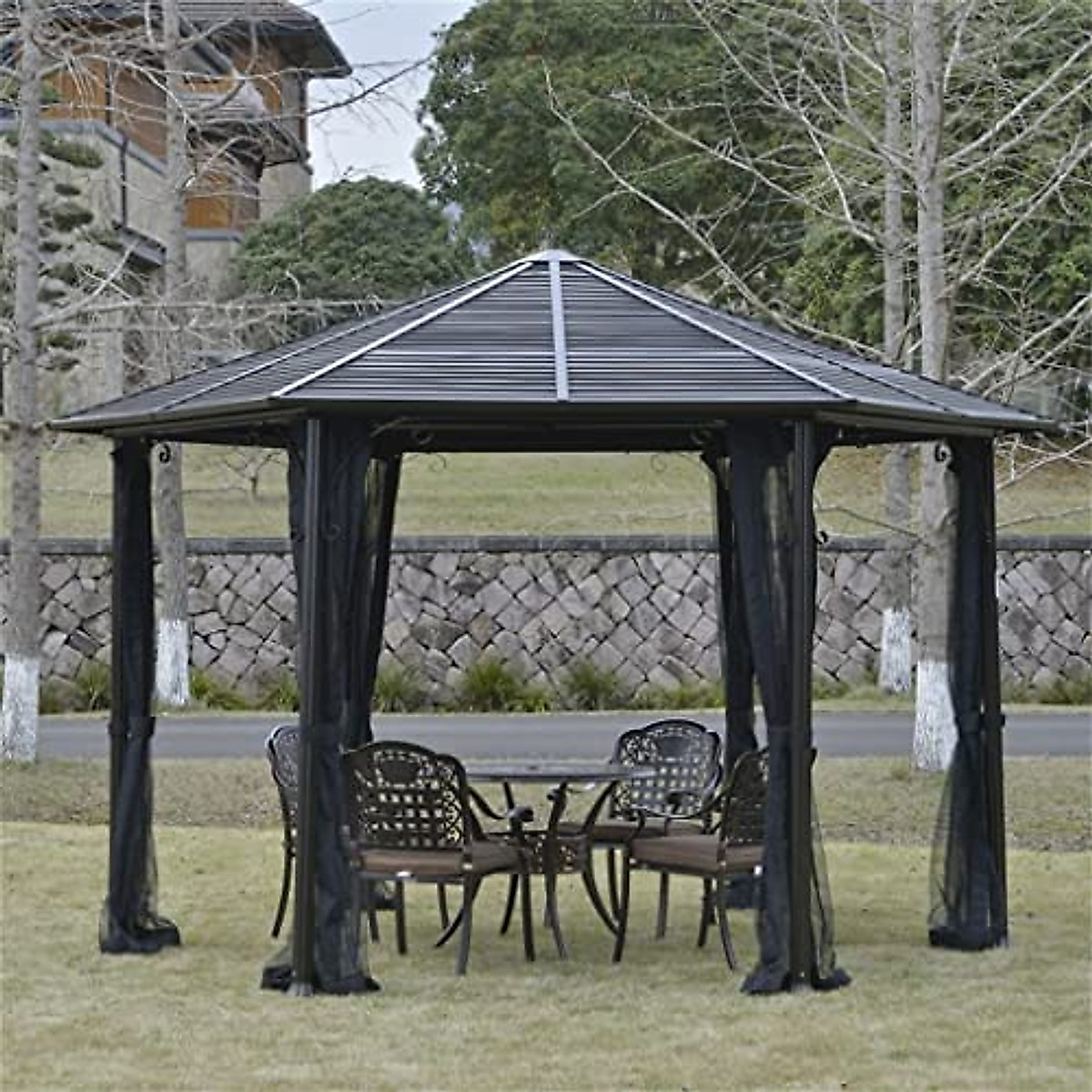 CZDYUF 13' X 13' Hardtop Hexagonal Gazebo Canopy with Steel Roof, Heavy-Duty Aluminum Alloy Frame Ventilating Mesh Sidewalls