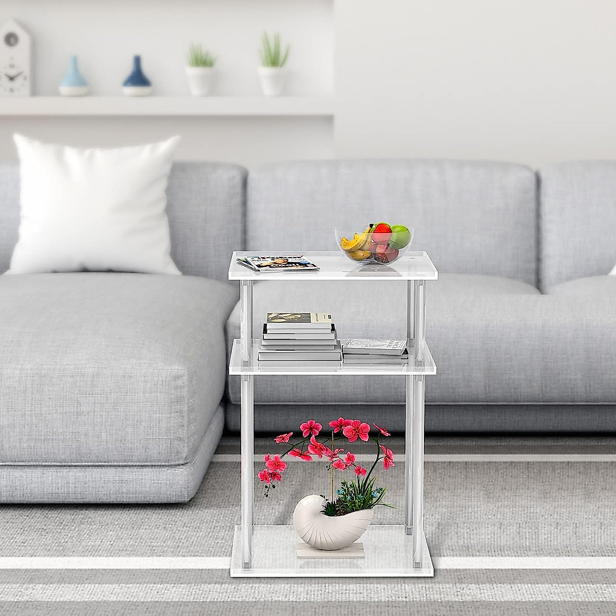JAZORR Acrylic Side Table, 3 Tier Clear Nightstand, Clear End Table, Acrylic Tall Side Table, Small Place Transparent Furniture Decorative for Bedside Frame, Sofa, Living Room, Bedroom