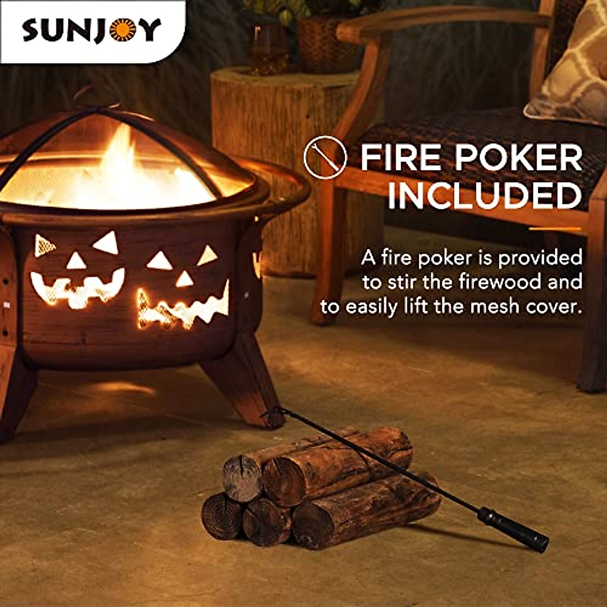 Sunjoy Fire Pit 30 in. Outdoor Wood-Burning Fire Pit, Patio Jack-o-Lantern Motif Round Steel Firepit Large Fire Pits for Outside with Spark Screen and Poker