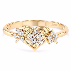 Ioka - 14K Solid Yellow Gold 15 Years Birthday CZ Heart Quinceanera Ring - Size 6.5
