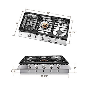 FOTILE GLS36502 36” Stainless Steel 5-Burner Gas Cooktop, Tri-Ring 22,000 BTUs Center Burner with Flame Failure Protection Removable Grates and Installation/LP Kit