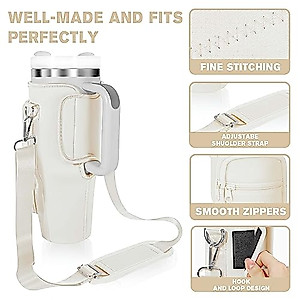 NECARSIN Water Bottle Holder Bag for Stanley Quencher Tumbler 40 oz,Water Bottle Carrier with Adjustable Shoulder Strap,Stanley Cup Accessories for Walking Travelling Camping(Cream)