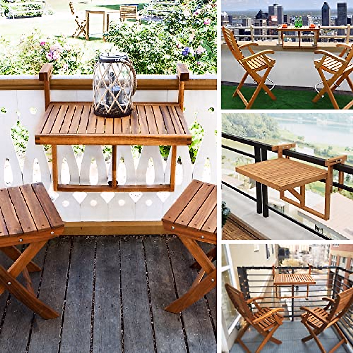 Interbuild Toronto Balcony Folding Deck Table, Outdoor Hanging Railing Bar Table, FSC Acacia Wood, 28 x 23 Inches, Adjustable, Golden Teak
