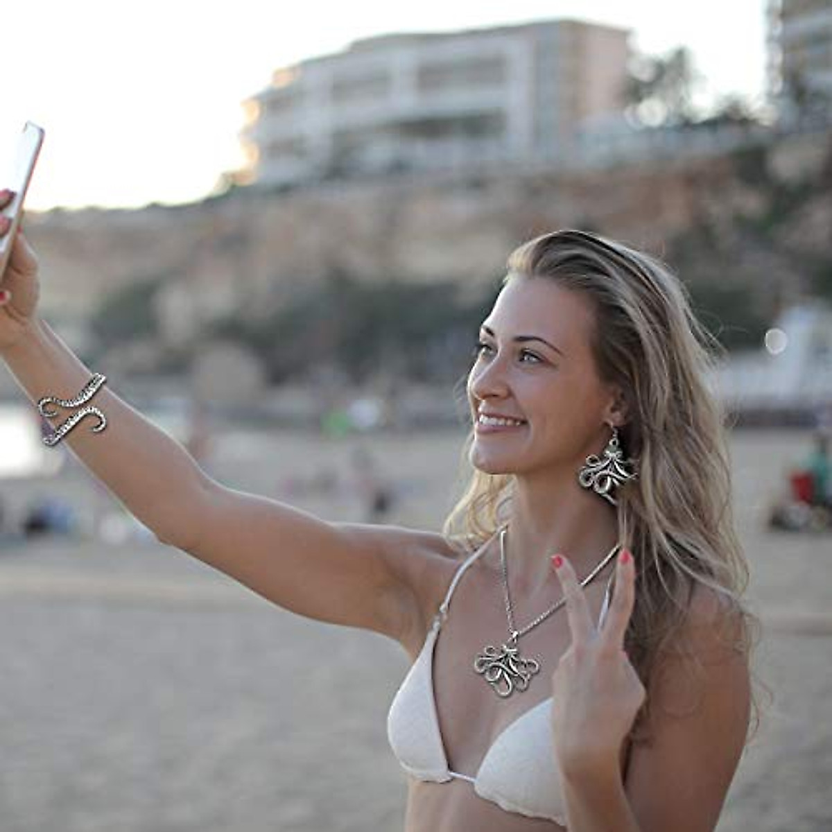 RechicGu Vintage Silver Octopus Jewelry Set Sea Creature Kraken Tentacle Necklace Earrings Bangle Anklet Bracelet Nature Pack Fisherman Fish Gift