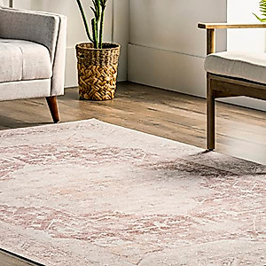 nuLOOM Rosa Machine Washable Distressed Vintage Medallion Area Rug, 6' Round, Light Pink