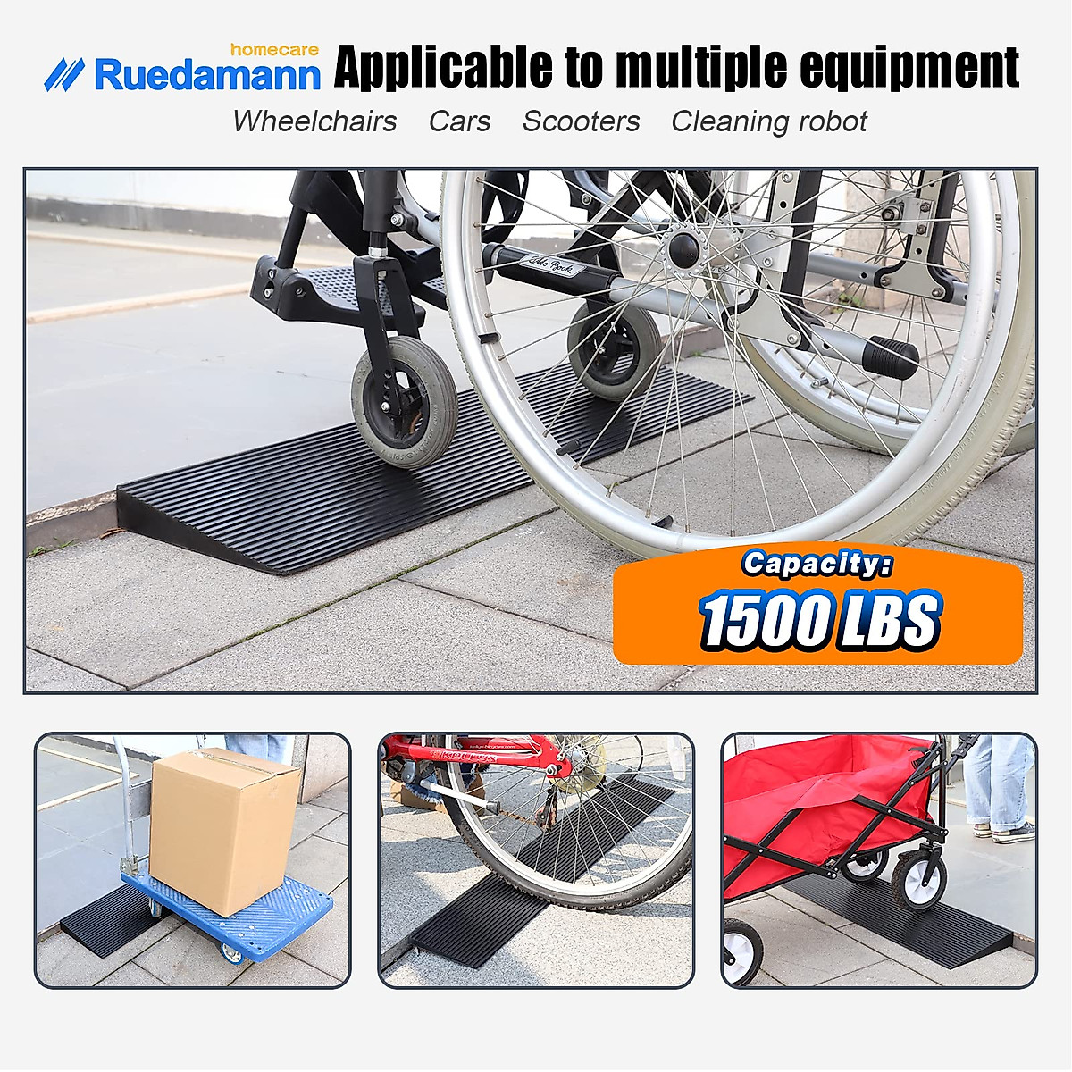 Ruedamann 1.2" Rise Threshold Ramp,1500 LBS Capacity, 35.4" Wide Natural Rubber Power Wheelchair Ramp Scooter, Non-Slip Solid Rubber Threshold Ramp for Doorways,Driveways,Bathroom,Cuttable