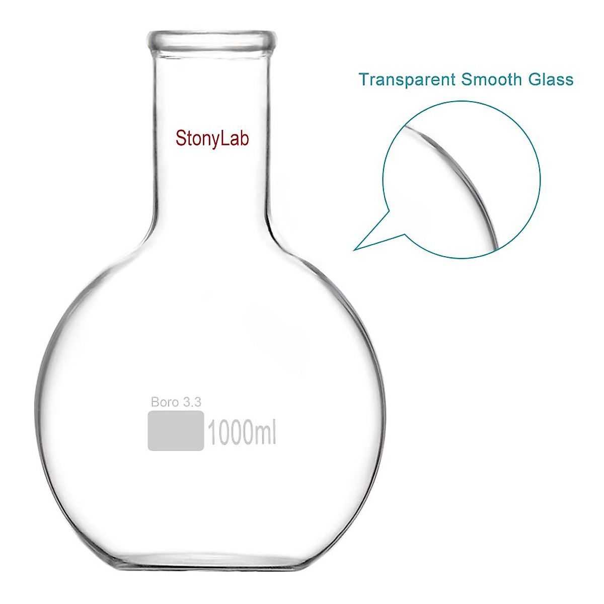 StonyLab Glass 1000ml Long Neck Flat Bottom Flask, Borosilicate Glass Heavy Wall Flat Bottom Boiling Flask with Long Neck, 1000ml (1 Liter)