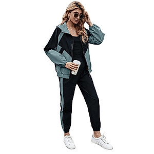 SweatyRocks Women's 2 Piece Outfits Long Sleeve Full Zip Jacket and Pants Tracksuit Set Green Black L