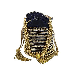 Indian Potli Bag, Bucket Bag Embellished With Golden Motifs For Parties, Weddings, Brides, Festivals, Velvet Purse (Navy)