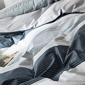 OREISE Duvet Cover Set Full/Queen Size 100% Cotton Bedding Set Gray Blue White Printed Striped Style,3Piece (1 Duvet Cover + 2 Pillowcase),Comfortable Luxurious Soft