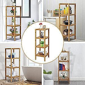 Kinlife Bamboo Bathroom Shelf Square 4-Tier Storage Shelves Free Standing Rack Multifunctional Corner Shelving Unit for Bedroom Kitchen Living Room, Natural