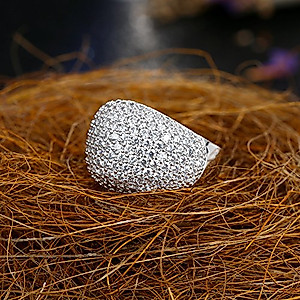 White Diamond Accent Dome Ring - Cluster Cubic Zirconia Paved Statement Wide Bands Size 5-11