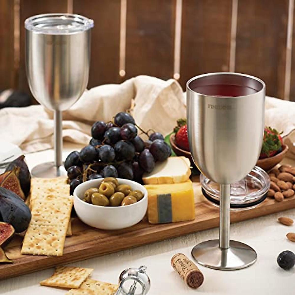 FineDine Stainless Steel Drinking Cup, Wineglasses, Double-Walled Insulated Unbreakable Goblets, BPA-Free Leak-Resistant Lid for Red White Wine, Brushed Metal, 12 Ounces