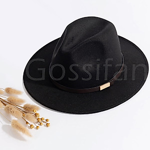 Gossifan Fedora Hats for Men Wide Brim Panama Hat with Classic Belt-B Belt Black
