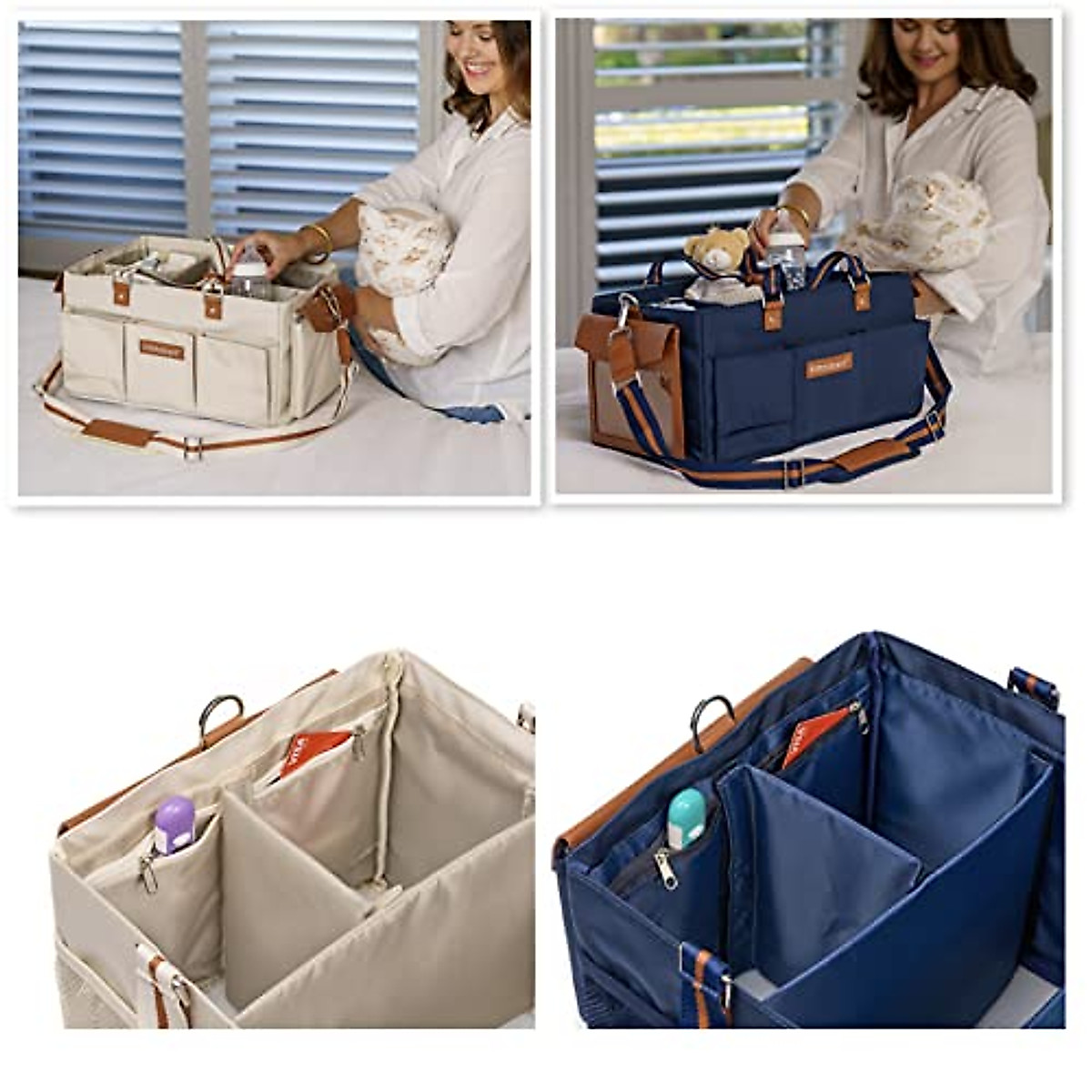 Diaper Caddy With Shoulder Strap & Entertainment Pouch Keeps Baby Still For Diaper Change. Waterproof Diaper Organizer Canvas Fabric Wipe Clean. Diaper Caddy Organizer Multiple Compartments (Beige)