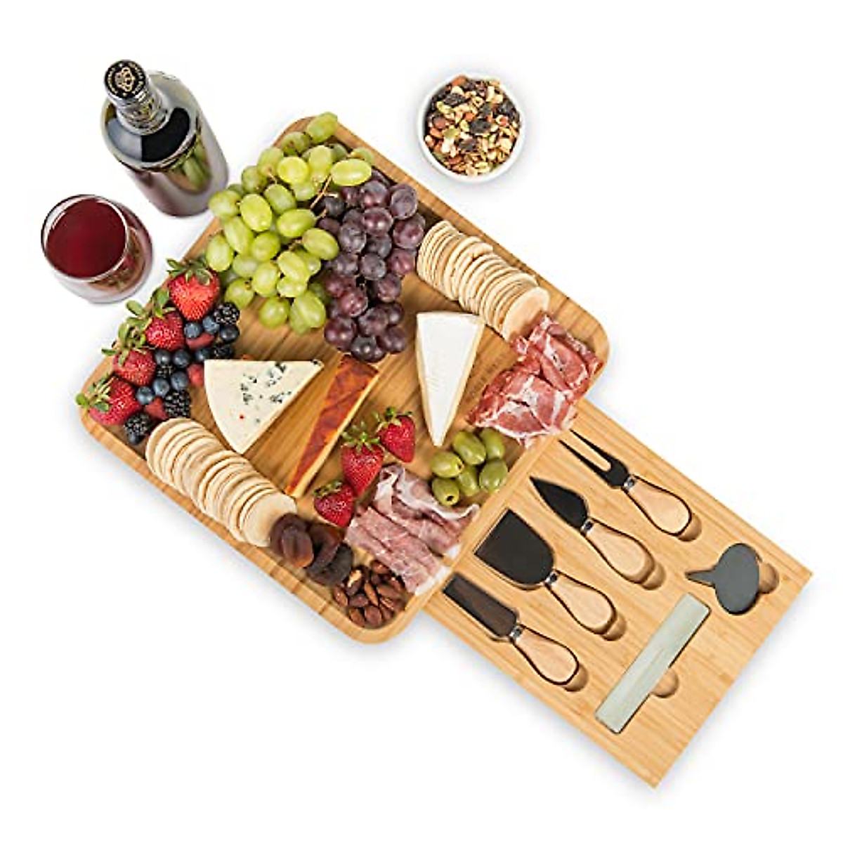 Noble Nest Bamboo Cheese Board and Knife Set with Drawer, Slate Labels, Marker & Travel Bag - Charcuterie Board Cheese Platter Great Gifts for Wine Lovers, Bridal Shower, Wedding