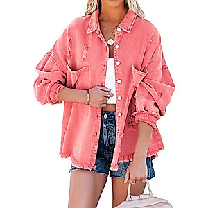EVALESS Women's Denim Jacket Boyfriend Jean Jackets for Women Fashion 2023 Distressed Shacket Jacket Ripped Frayed Jean Shirts Business Casual Red Top Outfits with Pockets Light Stretchy Shirt,Large