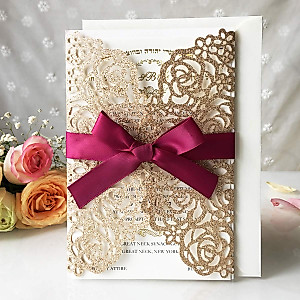 KUCHYNEE 50PCS 5.12 x 7.28'' Gold Wedding Invitations Cards with Burgundy Bowknot Laser Cut Hollow Rose Flowers Wedding Invitation for Bridal Shower Engagement Wedding Invite (Gold Glitter)
