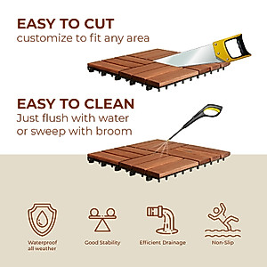 10 PCs Interlocking Wood Deck Tiles 12x12 inches, Waterproof All Weather Tiles for Porch Flooring, Outdoor Patio Wooden Floor Tiles, Balcony Deck, Easy Snap Lock, Walnut