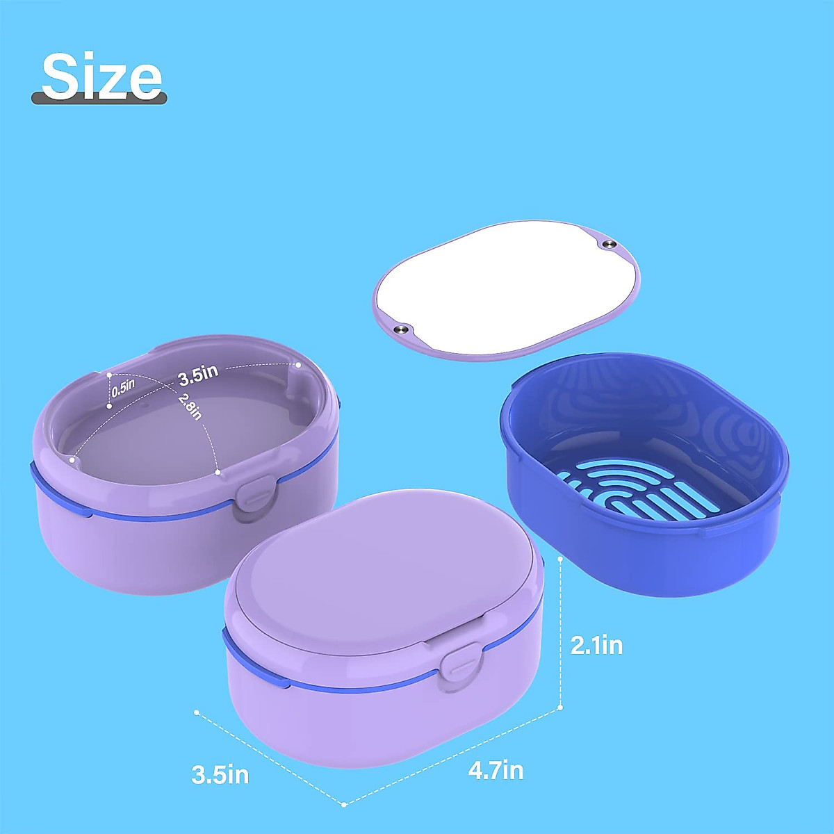 Large Denture Bath Case Cup Box Holder Storage Soak Container， Retainer Case,Mirror Orthodontics Mouth Guard Case,Suitable for Dentures, Partial Dentures, Chews and Removal Tool with Braces（Purple）…