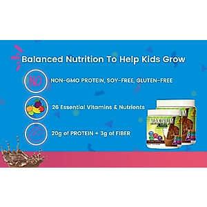 Maximum Kids Complete Organic Powder Mix. Great Tasting, Easy to use, Complete Nutritional Drink with 26 Vitamins and Minerals, 20g of Plant Protein, 3g of Fiber. Kid Tested. Parents Approved.