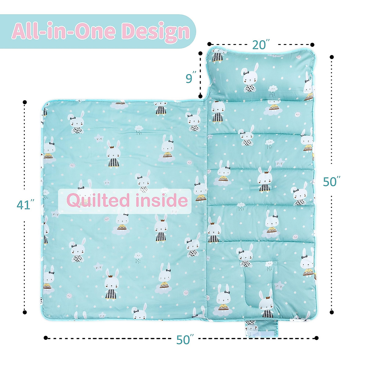 FAINSY Toddler Nap Mat with Pillow and Blanket,100% Cotton Fabric (Hi-Density&Hi-count-60S), 50x20x1.5 in, Padded Sleeping Mat for Daycare Preschool Prek, Kids Girls (Miss Bunny)