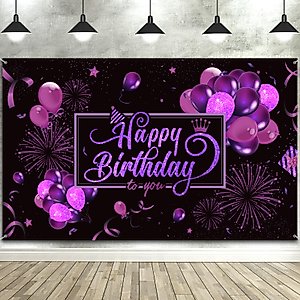 Blulu Happy Birthday Backdrop Banner Sign Poster Large Fabric Glitter Balloon Fireworks Sign Photo Backdrop Background for Birthday Party Decoration Supplies, 72.8 x 43.3in(Black and Purple)