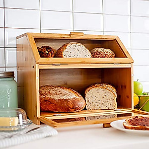 Laura's Green Kitchen Bamboo Bread Box for Kitchen Counter - Double Layer Bread Storage with Clear Windows - Rustic Farmhouse Style Bread Bin (Self-Assembly)