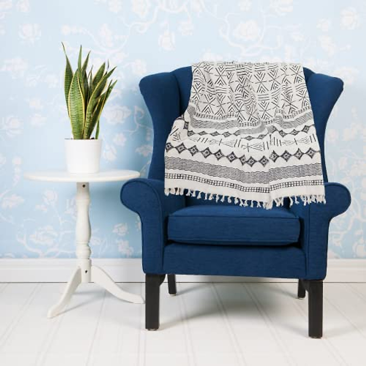 InstyleCraft - Cotton Throw Blanket - Woven Warm Boho Decor Couch Chair Sofa Bed Kitchen Living Room - Block-Printed - Chair Blanket with Tassels for Outdoor Camping Beach Picnic