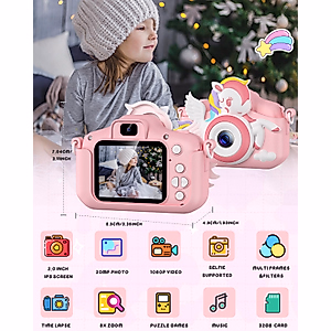 Kids Camera -Kids Camera for Girls,Christmas Birthday Gifts for Girls Portable Toy for 3 4 5 6 7 8 9 Year Old Girl Selfie 1080P HD Video Camera with 32GB Card -Pink