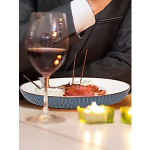 JDZTC Porcelain 26 Ounce Pasta Bowls Set of 4, 8 inch Wide and Shallow Salad Bowls, Serving Bowls, Microwave & Dishwasher Safe, Sturdy & Stackable, blue grey