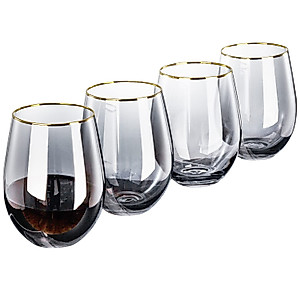 MyGift Gunmetal Gray Stemless Wine Glasses with Brass Tone Rim, Set of 4 - Modern Smokey Design Drinking Glasses for Red and White Wine - Holds 18 oz