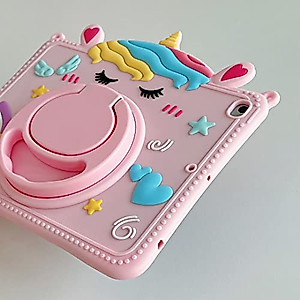 Premium Cute Soft Silicone Pink Unicorn Pattern Tablet Case with Built-in Foldable Kickstand and Lanyard Shockproof Cover Case for iPad Air 4 2020 10.9"