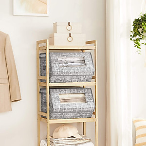 SONGMICS Stackable Storage Bins Set of 2, Fabric Storage Boxes with Lids, Storage Cubes with Magnetic Closures, Front Windows, Lids Can Stay Open after Stacking, Light Gray URLB002G02