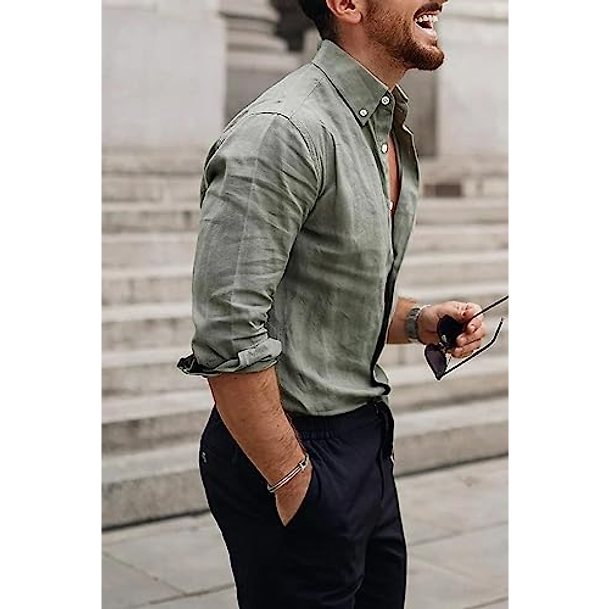 JMIERR Men's Cotton Linen Casual Stylish Button Down Shirt Long Sleeve Lightweight Dress Shirts Fashion Summer Beach Shirts Resort Wear,L,02 Green