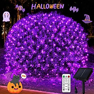 JMEXSUSS Purple Solar Halloween Lights Outdoor, 320 LED 9.8ft x 6.6ft Solar Net Lights Outdoor Waterproof, Purple Solar Lights with 8 Modes Remote for Halloween Decorations