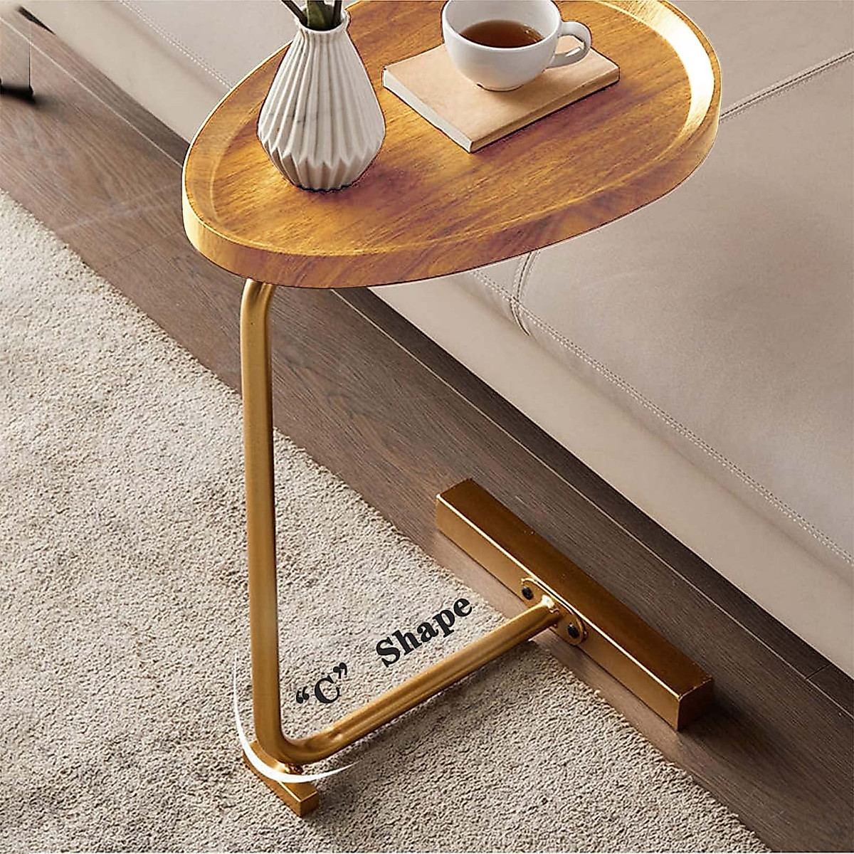 Viltisumt Small Side End Table 2022 New C Table Narrow Round Bed Sofa Couch Coffee Dinner Table for Snack Drink TV Tray, Slim Gold Rustic End Table Modern Simplicity, Metal and Wood - 24 Inch (Wood)