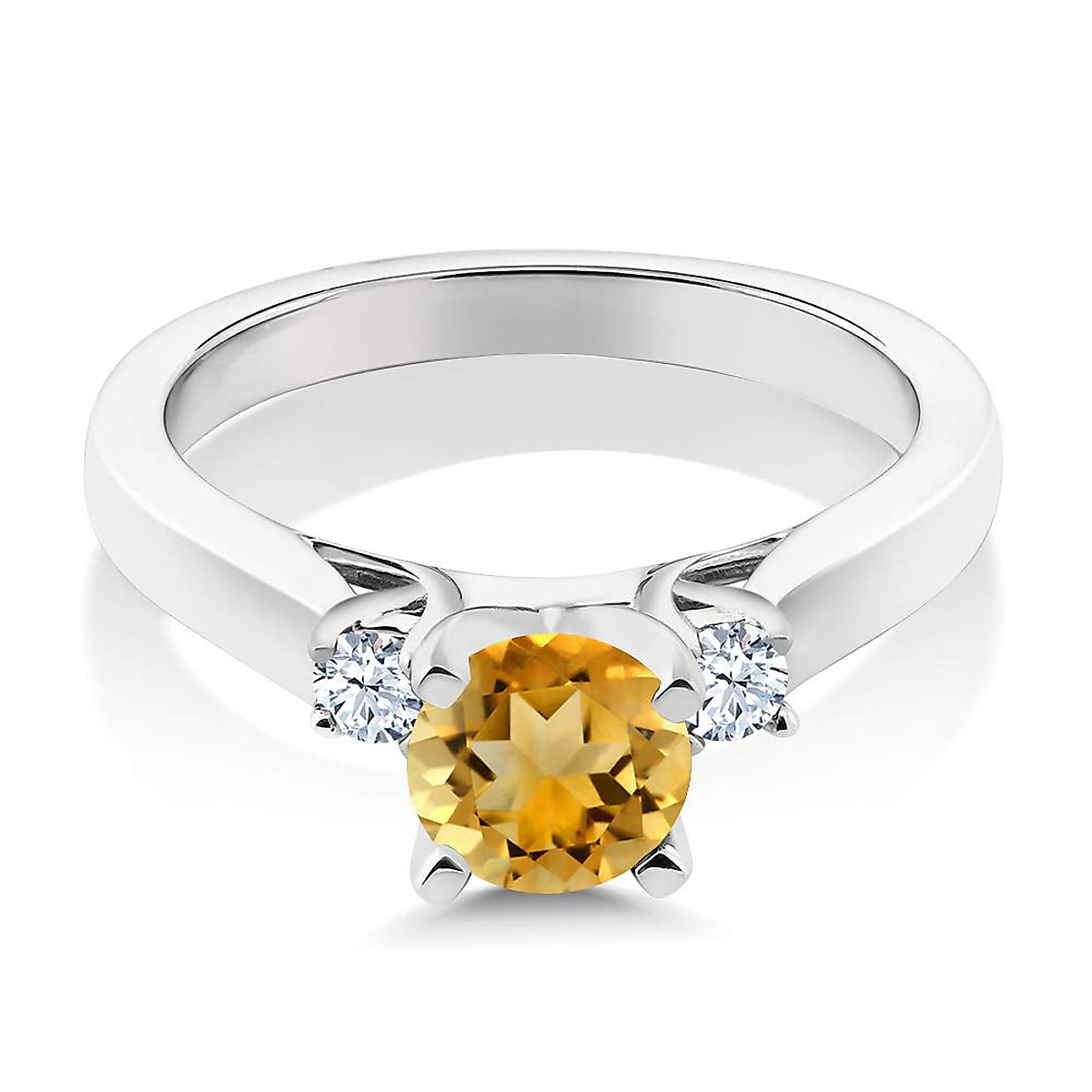 Gem Stone King 925 Sterling Silver Yellow Citrine and White Created Sapphire 3-Stone Engagement Ring For Women (0.90 Cttw, Round 6MM, Gemstone November Birthstone, Size 5)